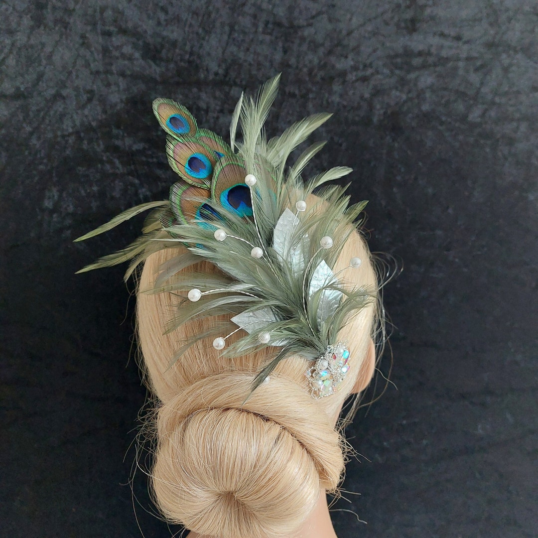 Unique Peacock & Sage Feather Fascinator: UK Handmade Brooch Pearls ...