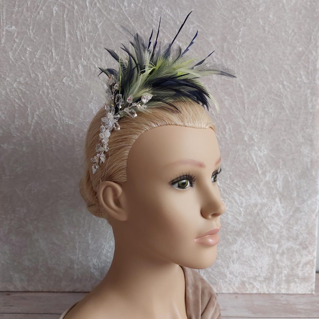 Navy & Lime Feather Fascinator: Swarovski Crystal Headband, Handmade in ...