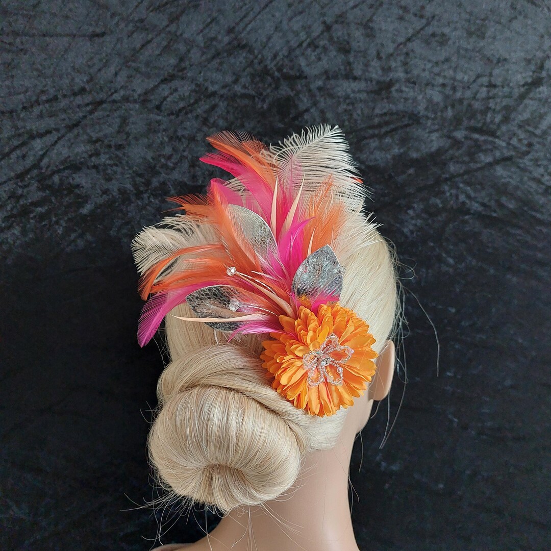 Unique Orange Peach and Fuchsia Feather Fascinator Handmade Flower ...