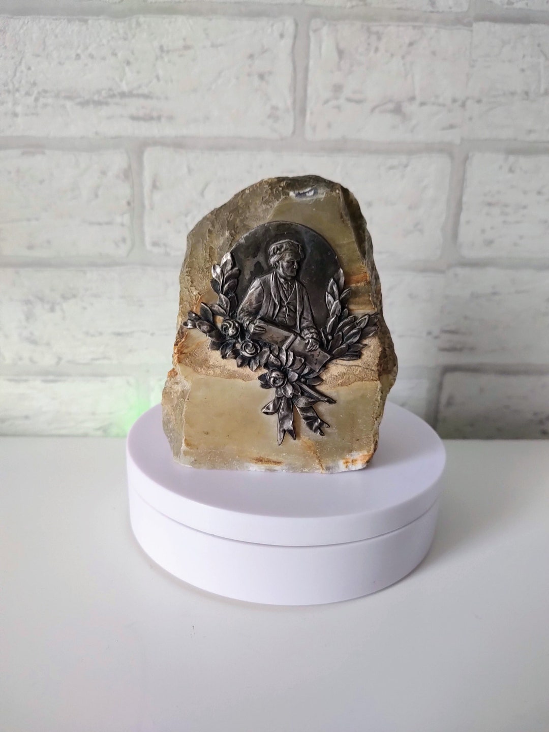 Natural Stone Paperweight With Bas-relief in a Metal Art Nouveau Poet ...