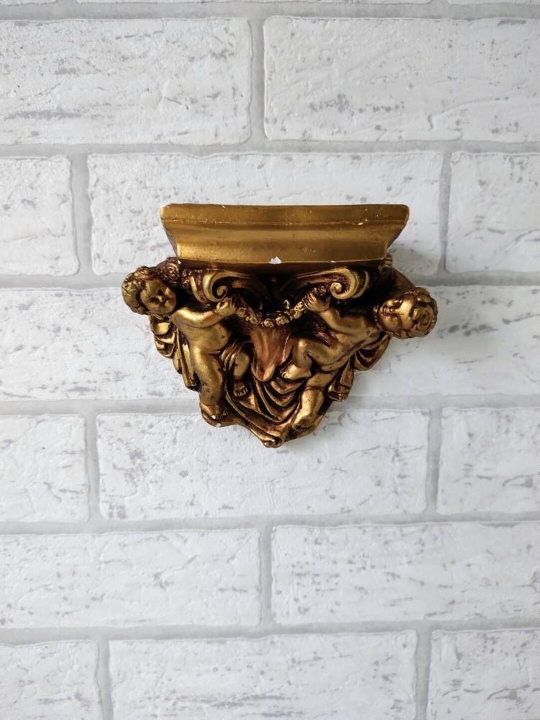 Vintage Gypsum Wall Shelf With Two Angels, Gilded, Patinated, Putto ...