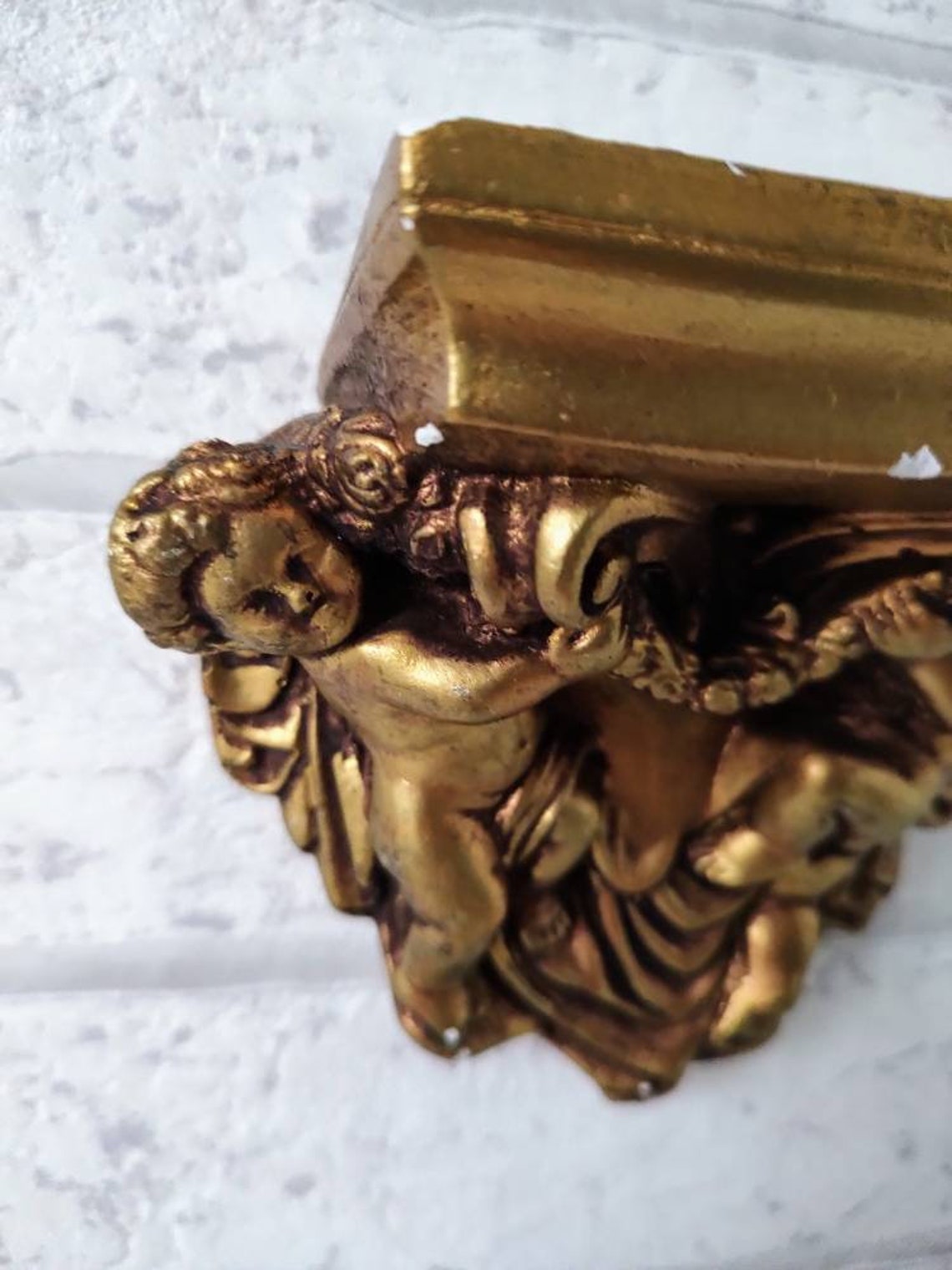 Vintage Gypsum Wall Shelf With Two Angels, Gilded, Patinated, Putto ...