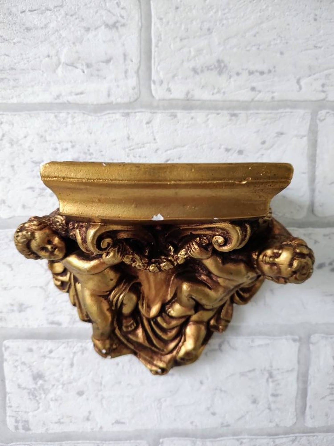 Vintage Gypsum Wall Shelf With Two Angels, Gilded, Patinated, Putto ...