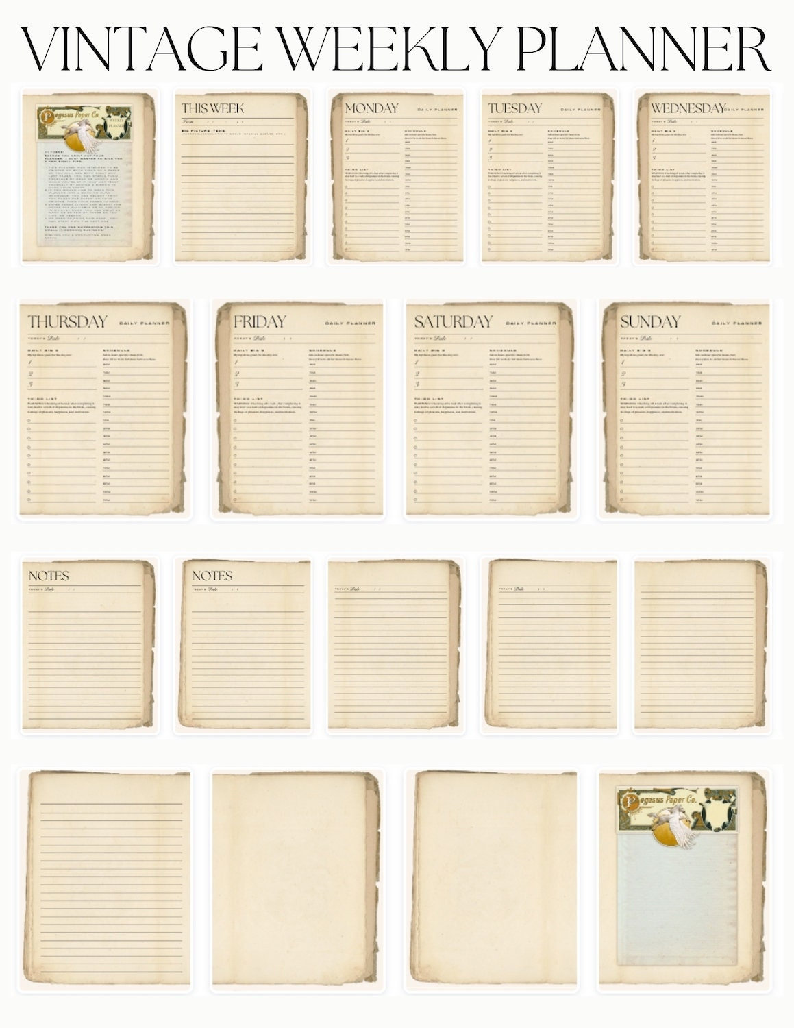 Weekly Printable Planner With Notes Vintage Academia Old Book Junk ...