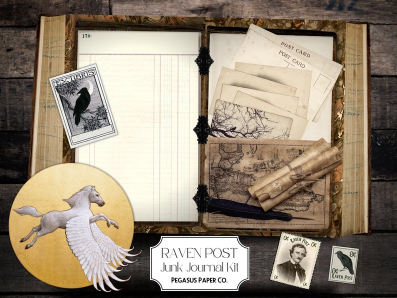 Junk Journal Kit Printable RAVEN POST With Ephemera Gift Cards and ...