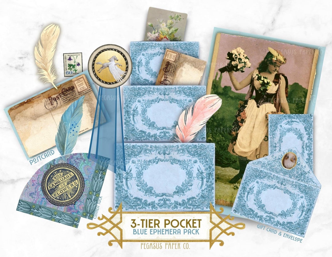 3-tier Blue Junk Journal Pocket With Ephemera - Junk Journal Kit ...