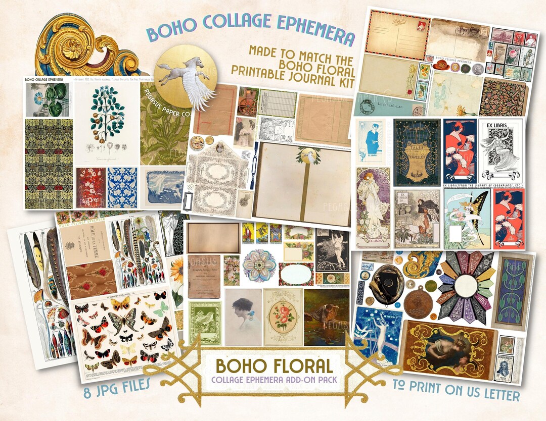 BOHO FLORAL Collage Ephemera Add-on Bohemian Junk Journal Kit Printable ...