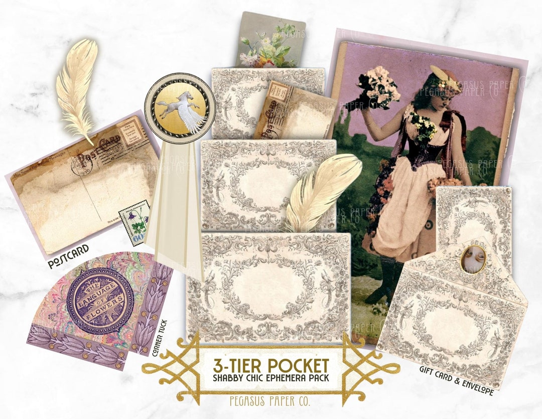 3-tier Shabby Chic Ephemera Pack - Vanilla White Junk Journal Pocket Kit - Printable JPG Pages ...