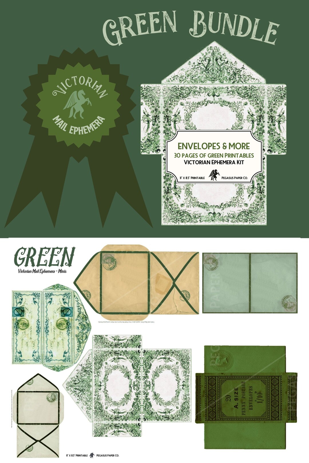 GREEN ENVELOPES Mail Ephemera Mega Pack 30 Page Printable for Victorian ...