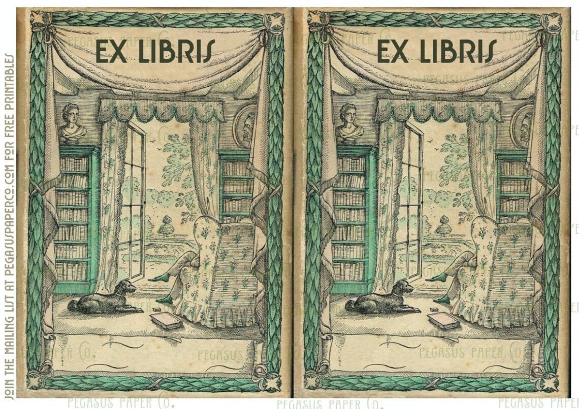 Ex Libris Printable of a Person Reading in an Armchair With a Puppy ...