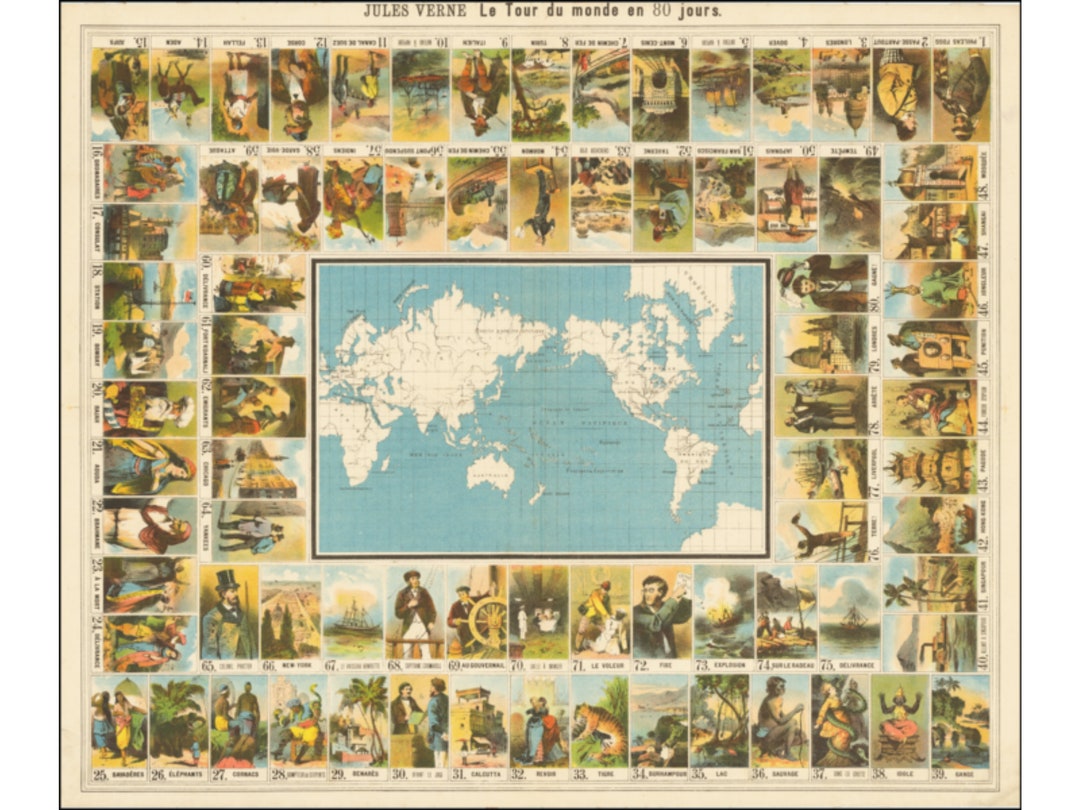 Jules Verne Digital Paper Around the World in 80 Days French Poster Art ...