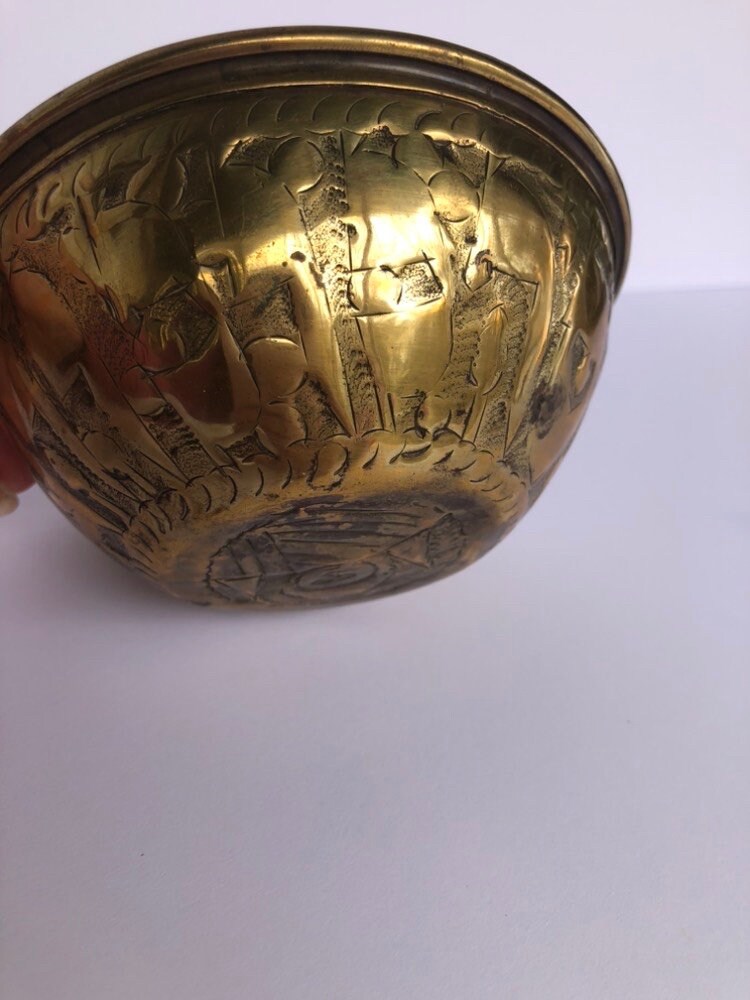 Vintage Middle Eastern Repousse Brass Bowl W/hebrew Script and Figure ...