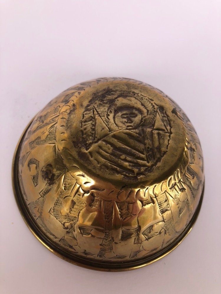 Vintage Middle Eastern Repousse Brass Bowl W/hebrew Script and Figure ...