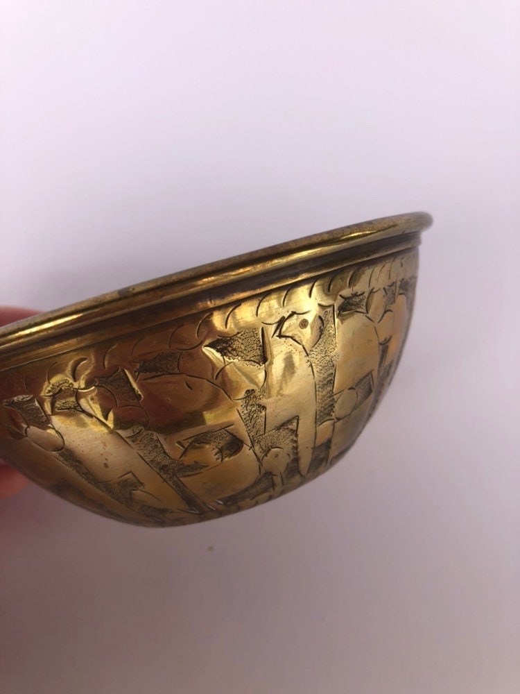 Vintage Middle Eastern Repousse Brass Bowl W/hebrew Script and Figure ...
