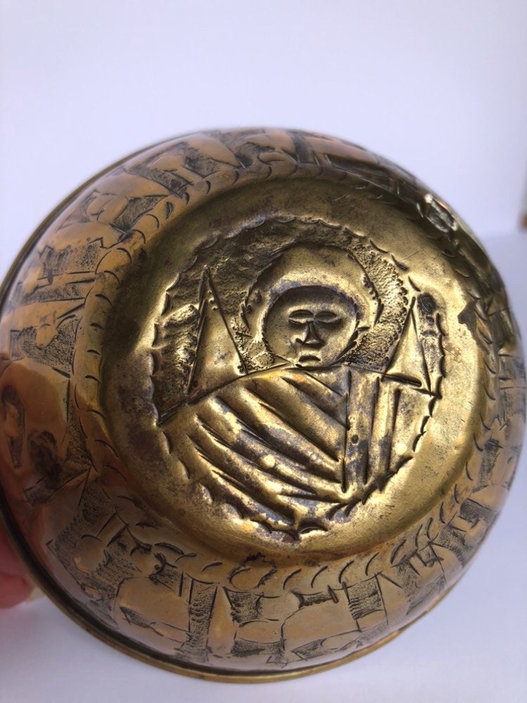 Vintage Middle Eastern Repousse Brass Bowl W/hebrew Script and Figure ...