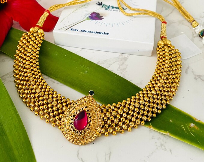 Micro Gold Plated Thushi in Maroon and Green | Maharashtrian Thushi ...