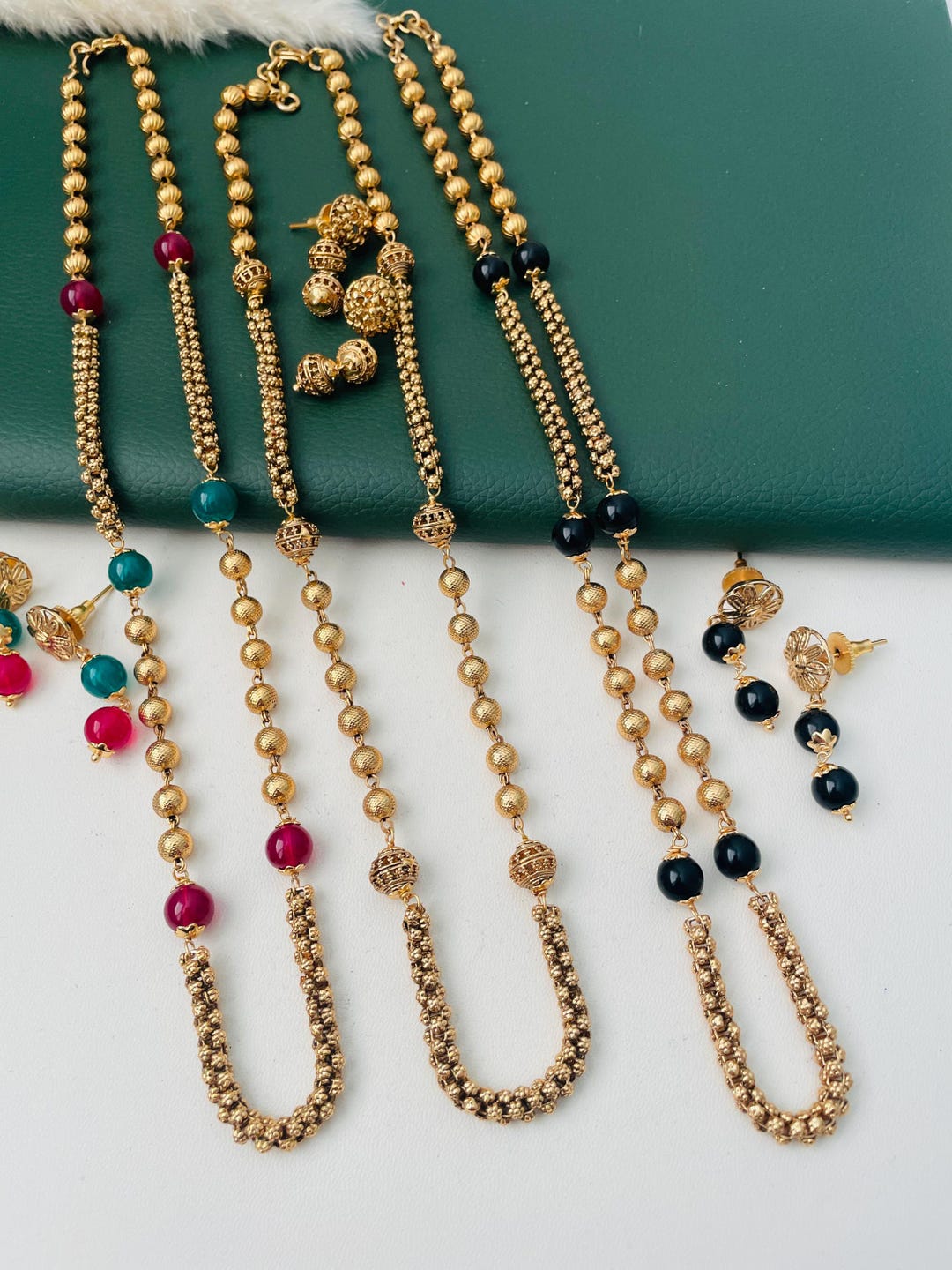 Antique Gold Plated Short Chain Mala With Matching Earrings | Indian ...