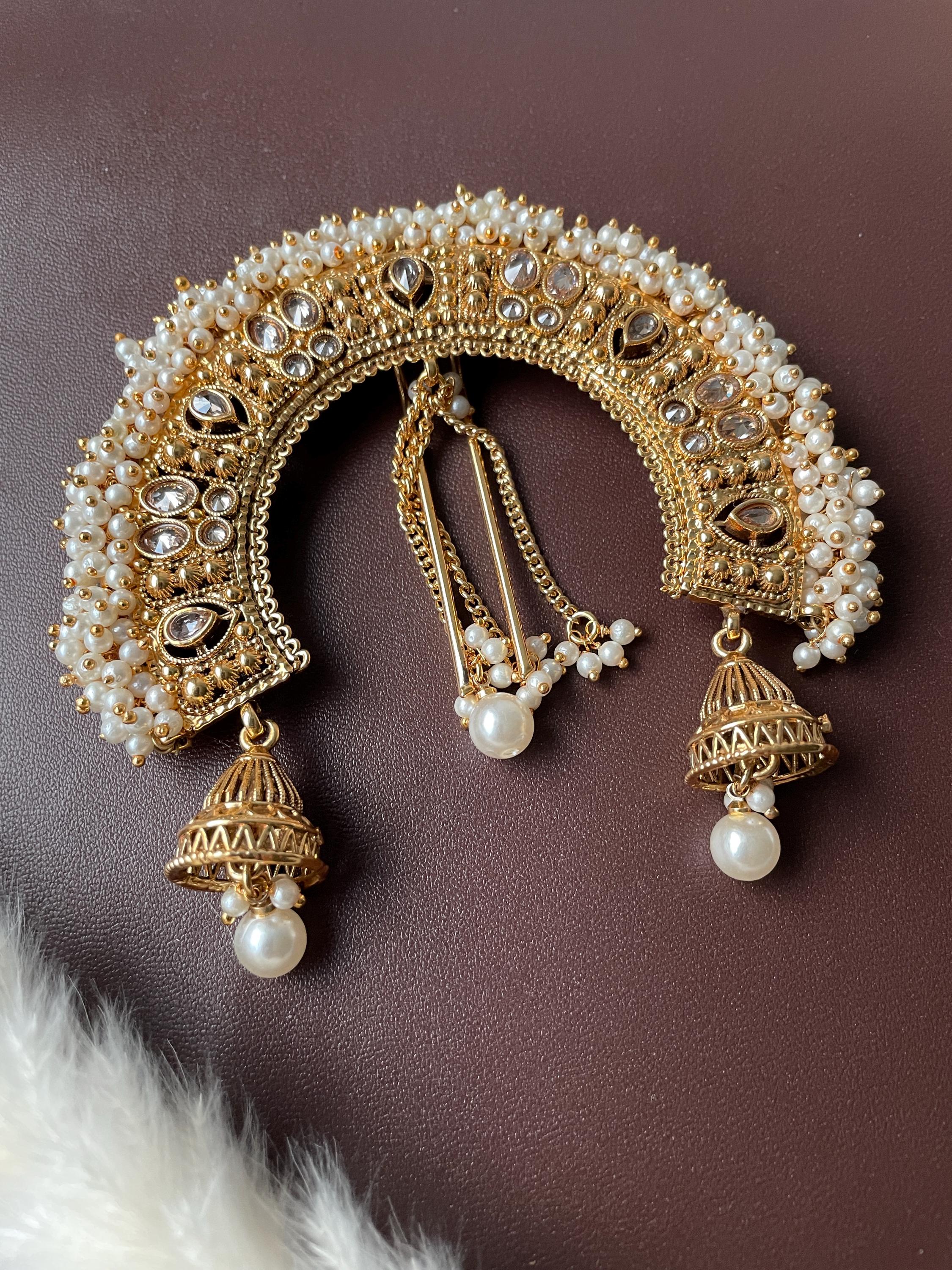 Antique Gold Plated Bridal Hair Bun Accessory: Kundan & Faux Pearl Juda ...