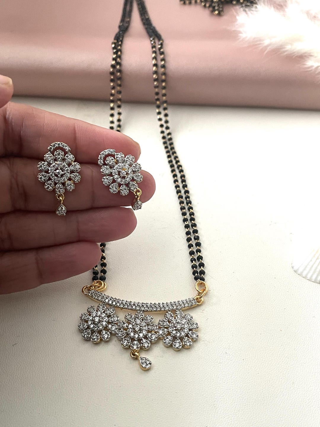 40 “ Long Mangalsutra Set With Matching Earrings |AD Black Beads ...