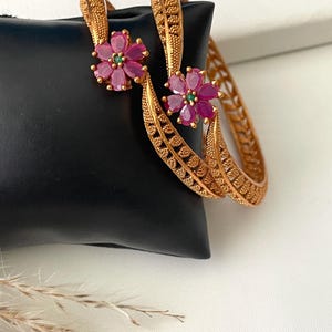 Antique Gold Plated Bangles: Red & Green Flower Lightweight Tode - Etsy