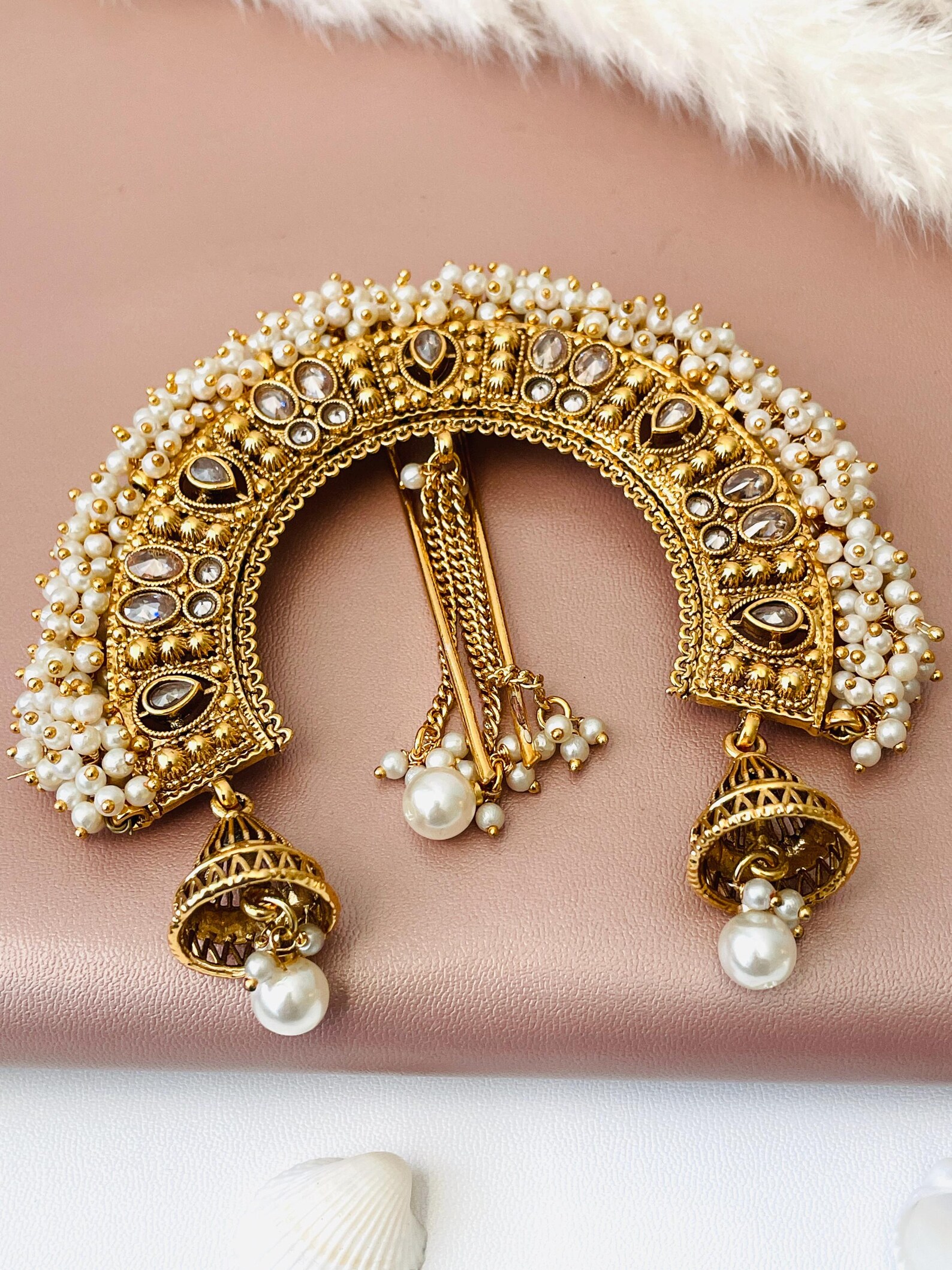Antique Gold Plated Bridal Hair Bun Accessory: Kundan & Faux Pearl Juda ...
