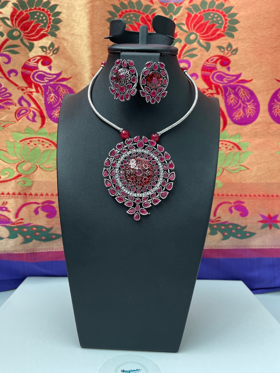 Silver Oxidised Hasli Necklace Set Withmatching Earrings Big Pendant ...