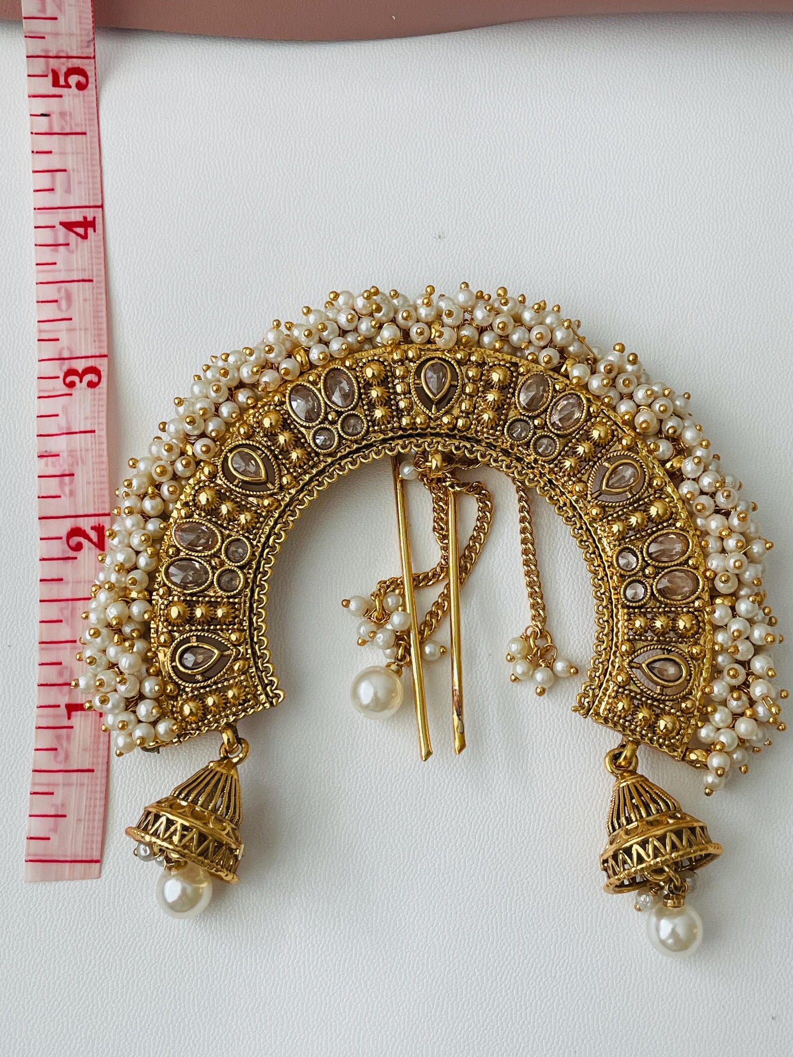 Antique Gold Plated Bridal Hair Bun Accessory: Kundan & Faux Pearl Juda ...