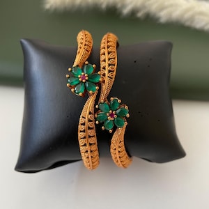 Antique Gold Plated Bangles: Red & Green Flower Lightweight Tode - Etsy