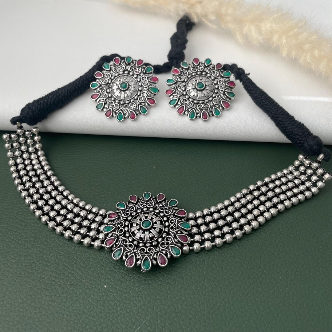 Oxidized Kolhapuri Choker Necklace With Stud Earrings: Adjustable ...