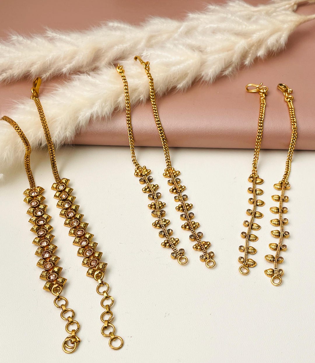 Gold Plated Ear Chain | Antique Gold Plated Ear Chain | Kaan Vel - Etsy