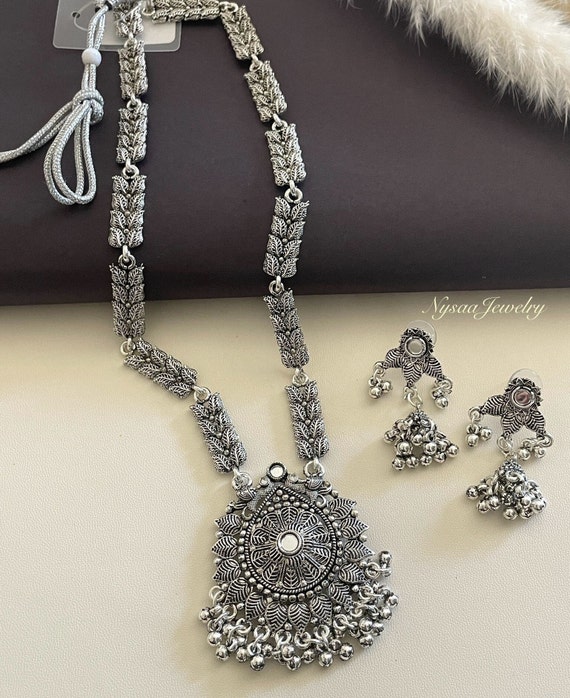 High Quality Long Oxidised Necklace Set Oxidised Necklace With Matching Earrings Long Oxidised Haaram With Jhumkis Indian Oxidised Etsy