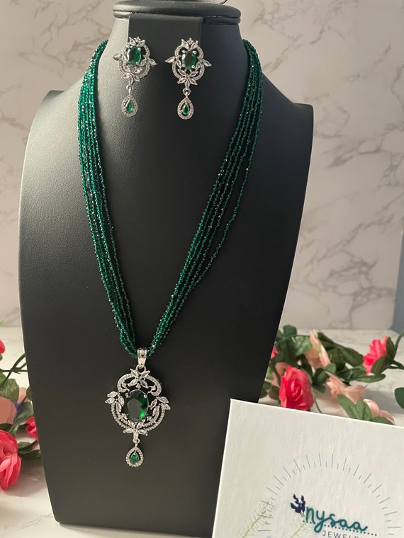American Diamond Mona Lisa Stone Necklace Set in Dark Green Color Cubic Zirconia Necklace With Matching Earrings Etsy