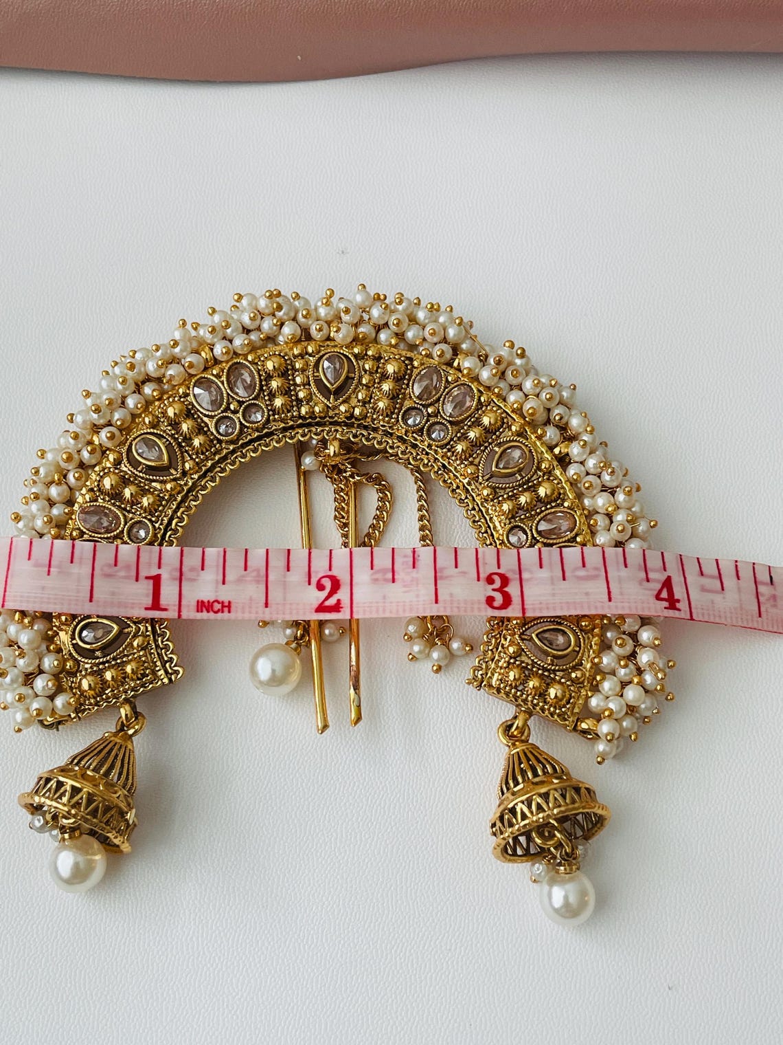 Antique Gold Plated Bridal Hair Bun Accessory: Kundan & Faux Pearl Juda ...