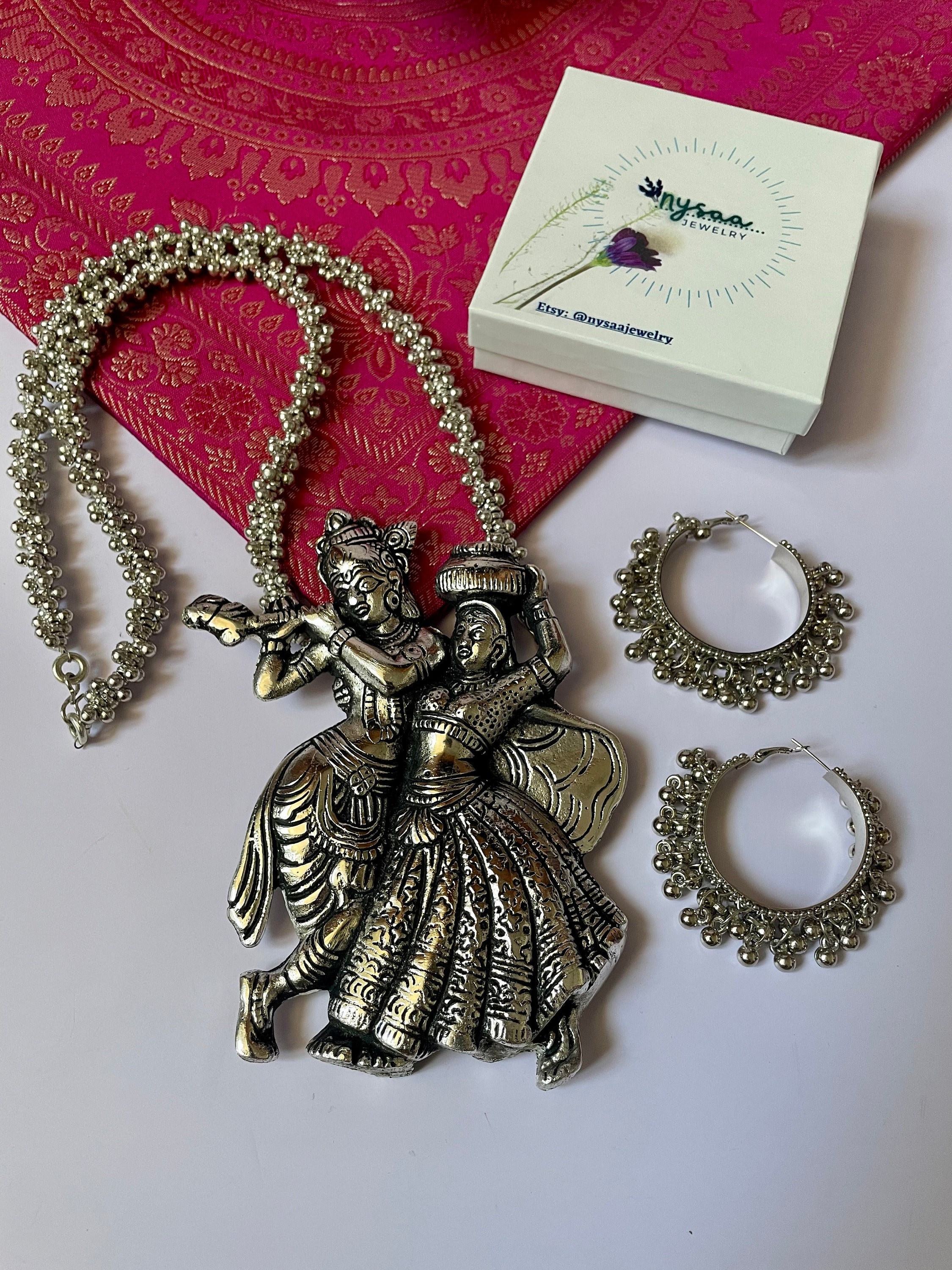 NysaaJewelry Oxidised Radha Krishna Long Ghungaroo Necklace with Hoop Earrings Oxidized Long Necklace Indian Necklace Oxidized Necklace