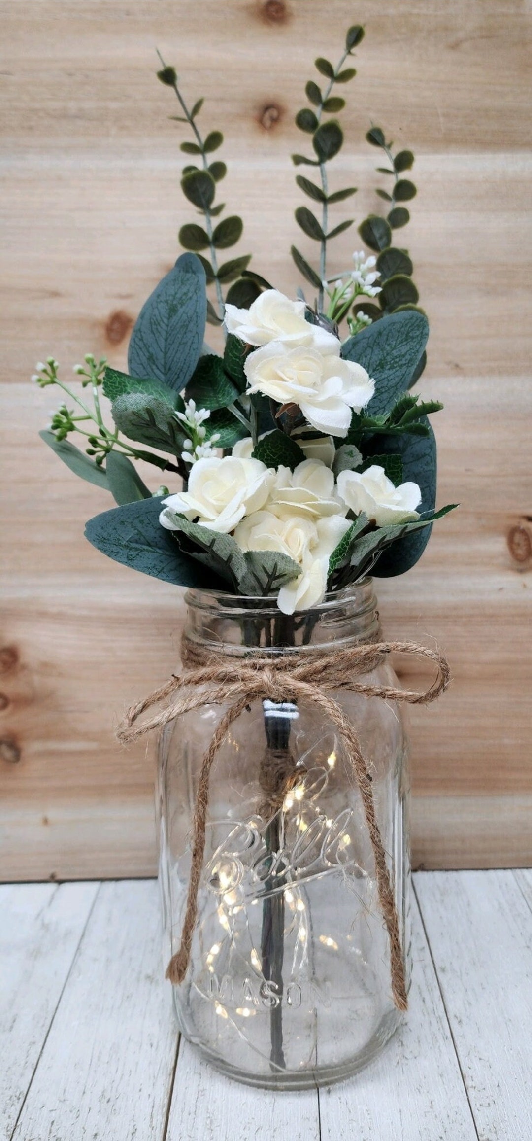 Ivory Mini Rose Lighted Mason Jar Centerpiece, Wedding Centerpiece ...