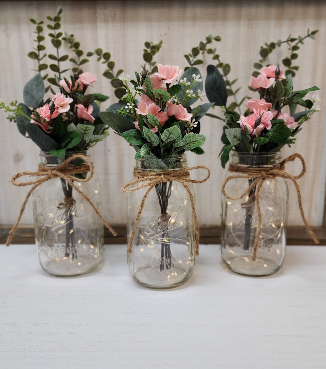 Pink Mini Rose Lighted Mason Jar Centerpiece Wedding - Etsy