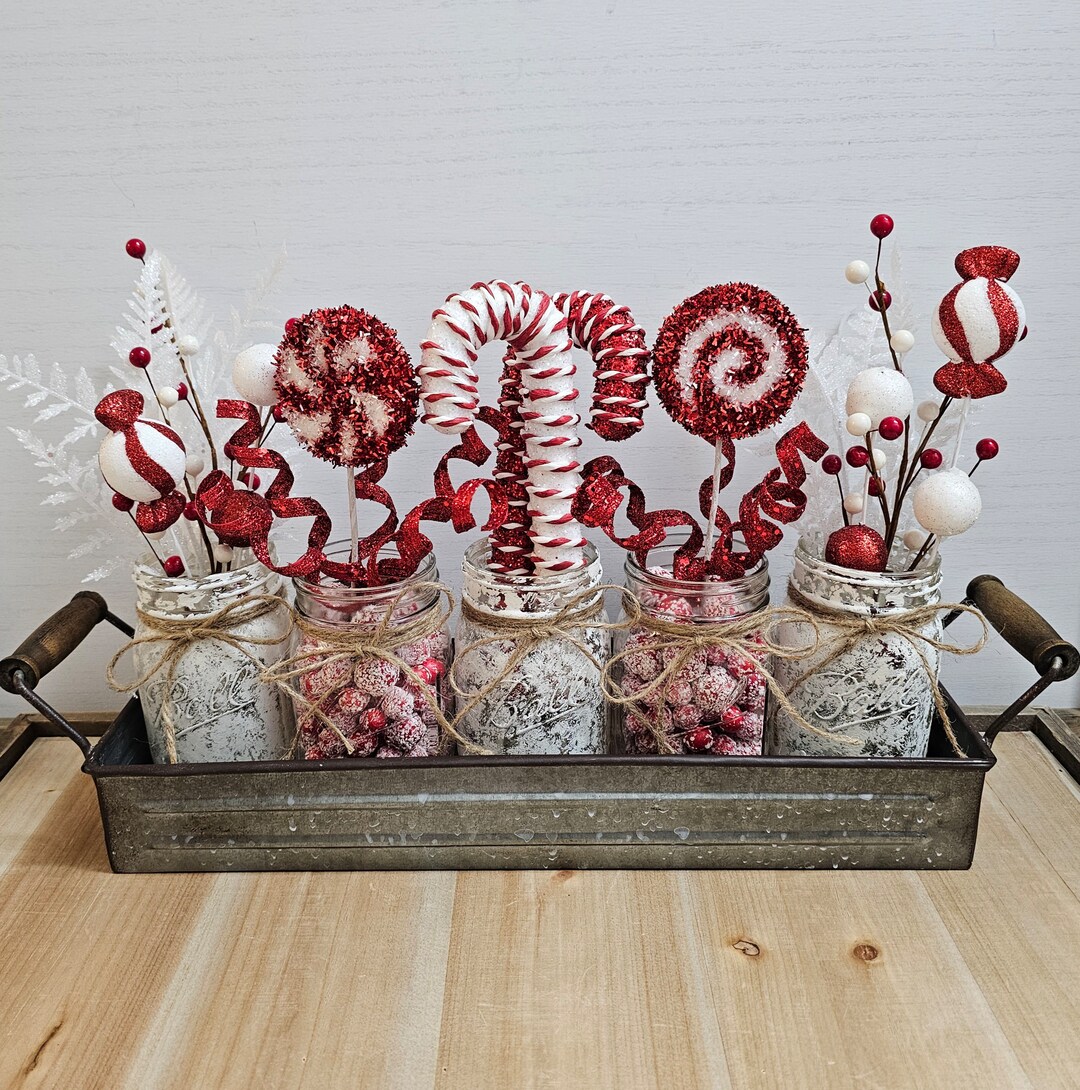 Christmas Candy Red and White Mason Jar Table Centerpiece, Whimsical ...