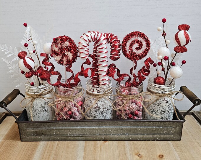 Christmas Candy Red and White Mason Jar Table Centerpiece, Whimsical ...