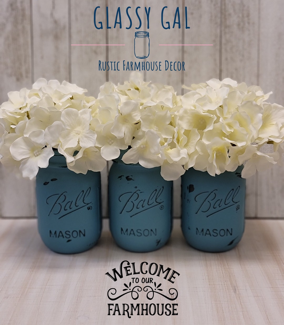 3 Blue Pint Painted Mason Jars, Farmhouse Decor, Nursery Decor, Baby ...