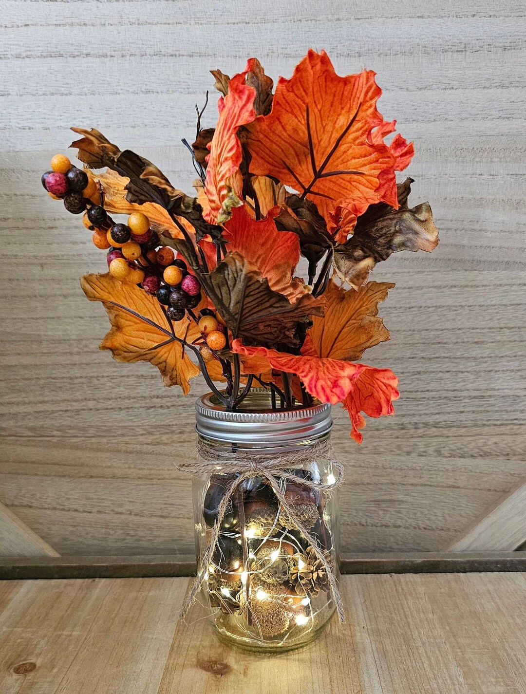 Fall Leaves & Acorn Mix Floral Lighted Mason Jar Centerpiece, Wedding ...