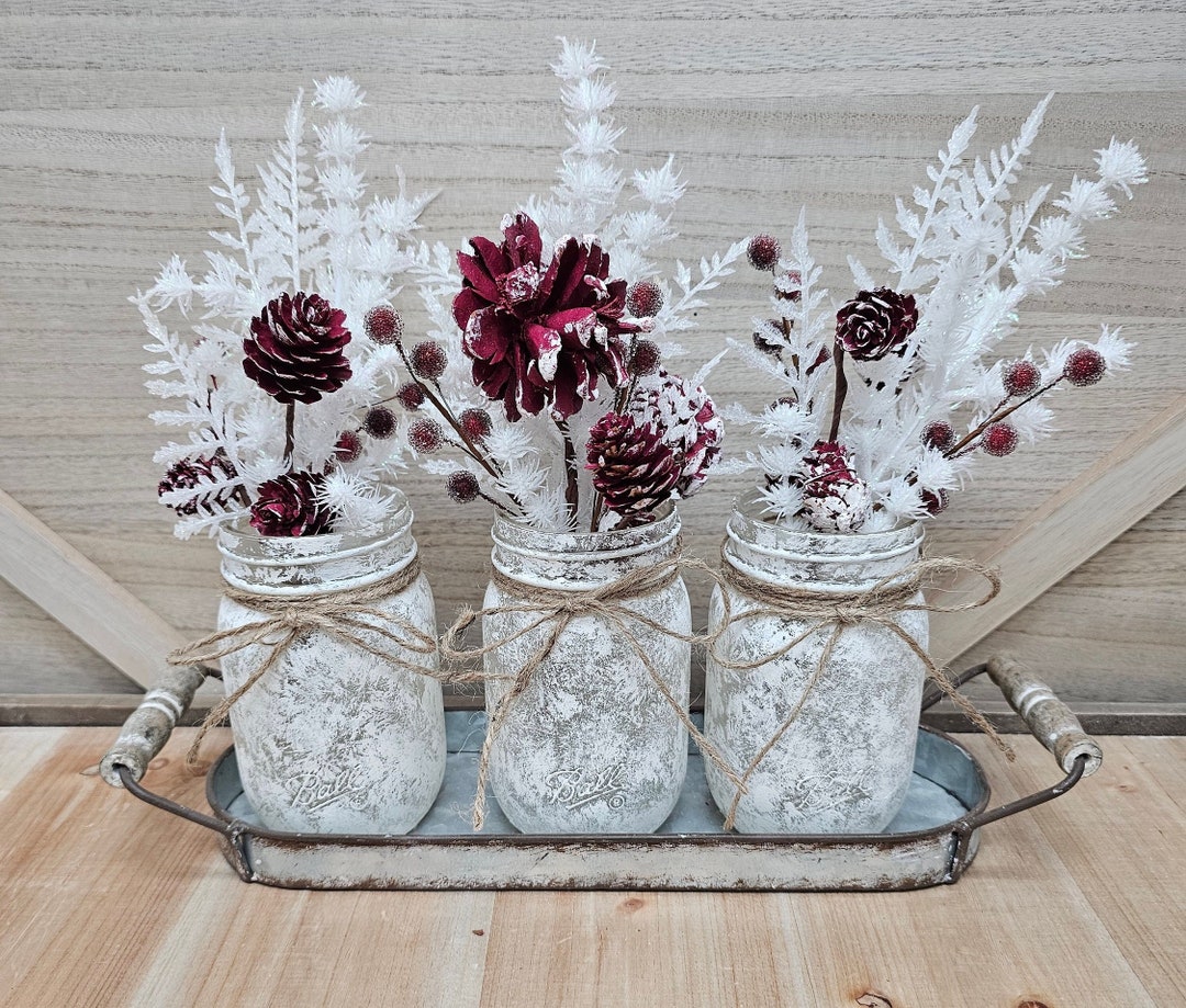 White Frost Christmas Mason Jar Table Centerpiece, Holiday Decoration ...