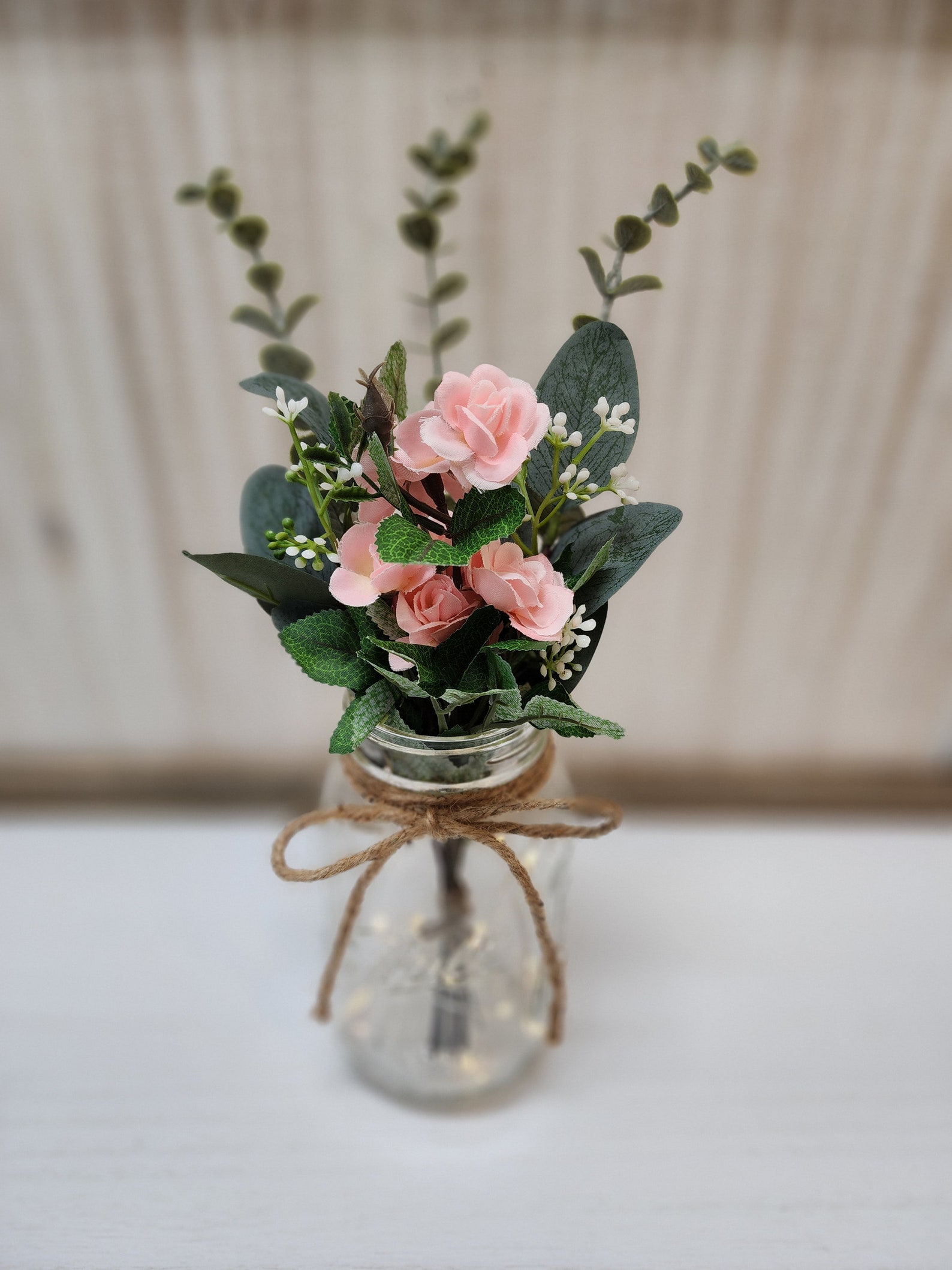Pink Mini Rose Lighted Mason Jar Centerpiece, Wedding Centerpiece ...