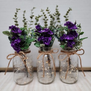 Violet Mini Rose Lighted Mason Jar Centerpiece, Wedding Centerpiece ...