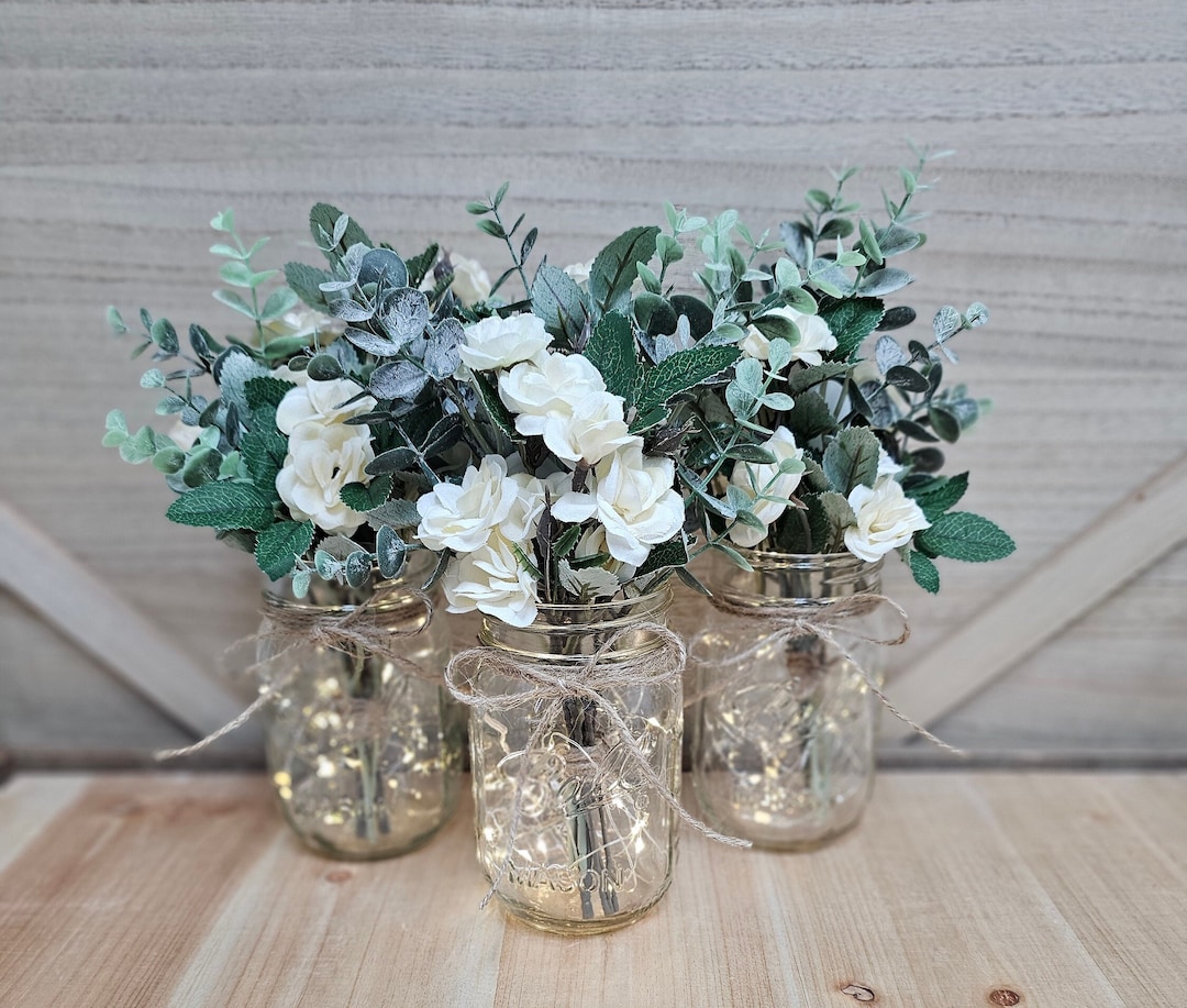 White Mini Rose & Eucalyptus Lighted Pint Mason Jar Centerpiece ...