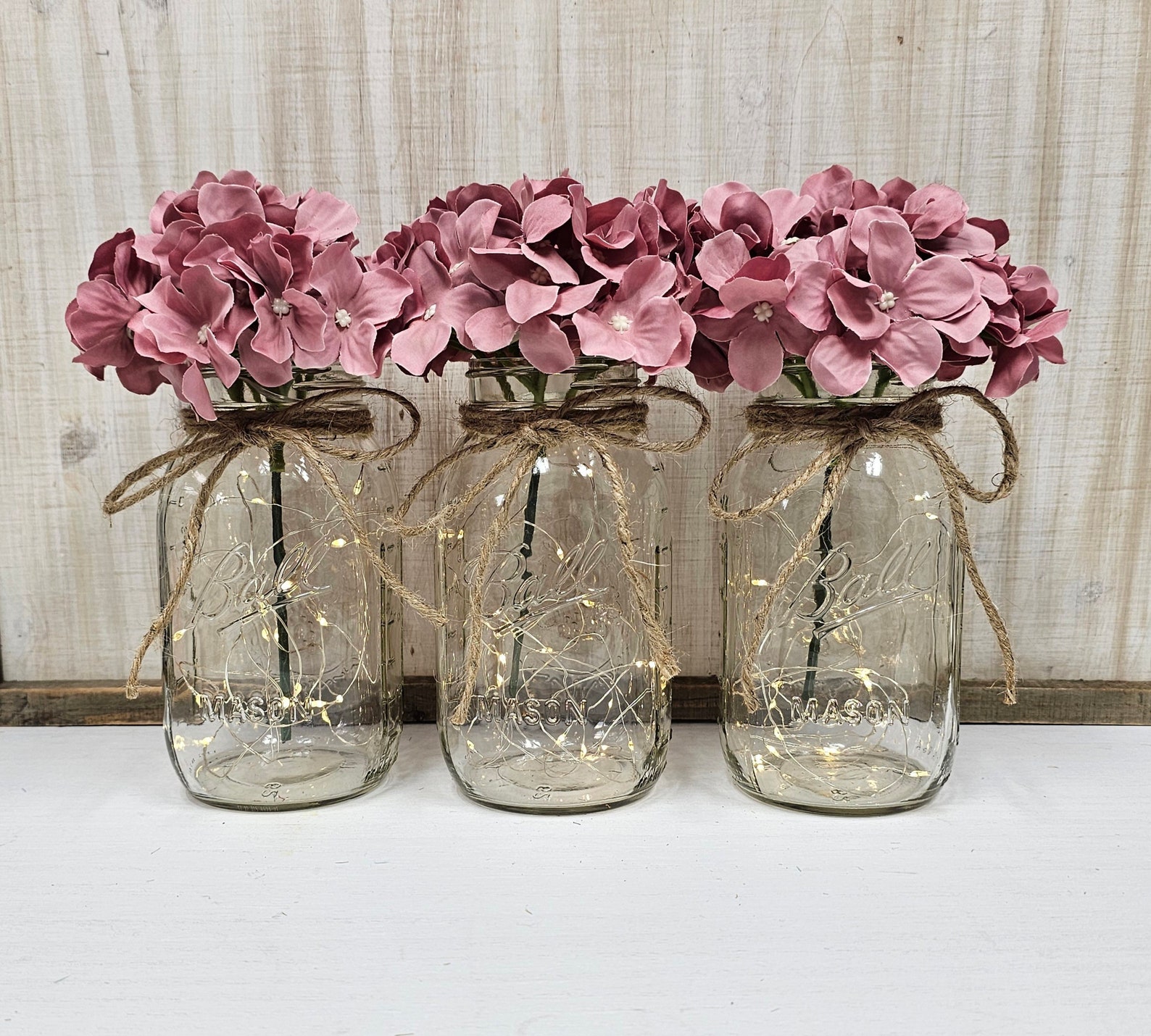 Dusty Rose Hydrangea Lighted Mason Jar Centerpieces, Wedding Decor ...