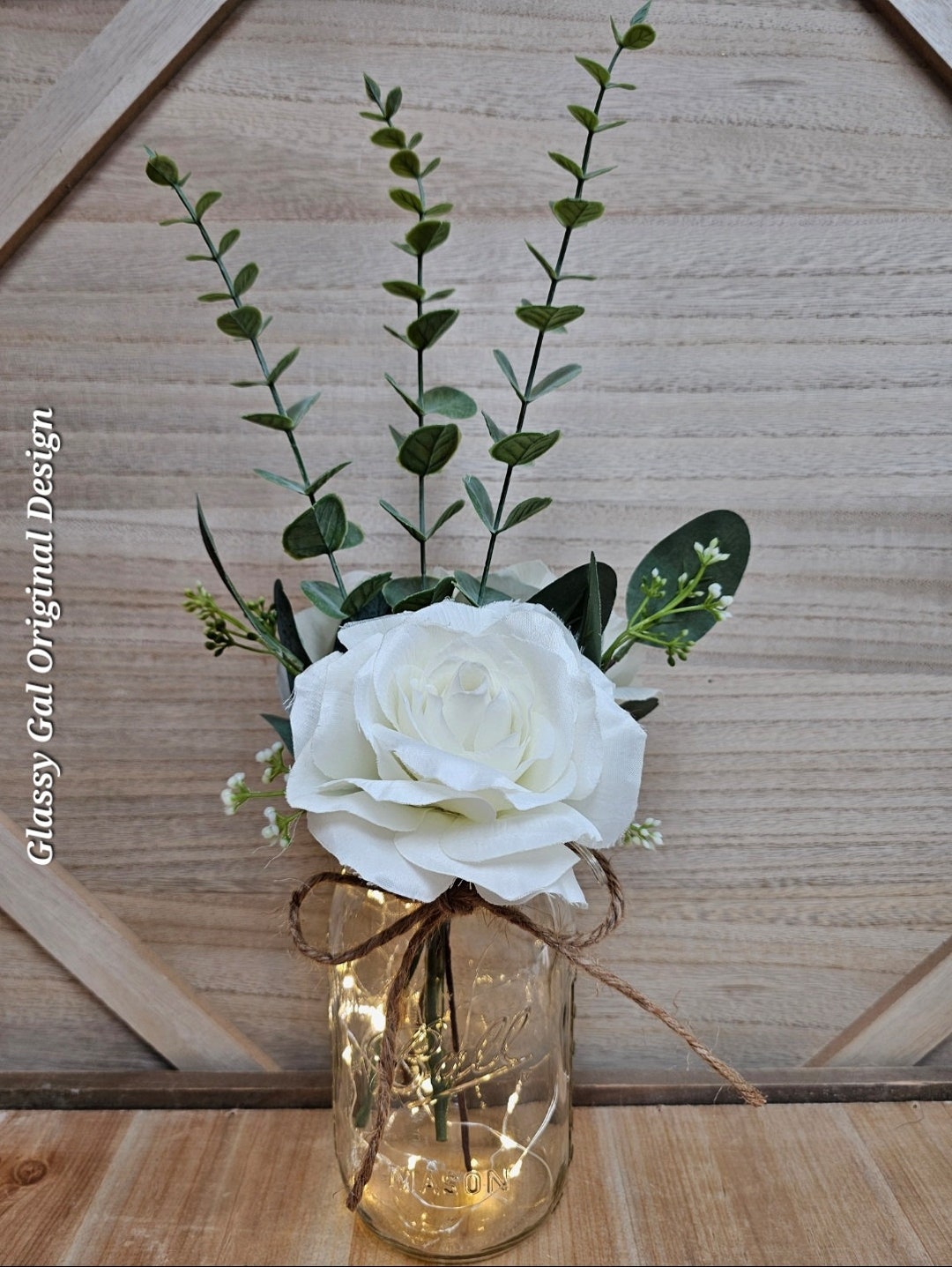 White Rose Lighted Mason Jar Centerpiece, Wedding Centerpiece, Event ...