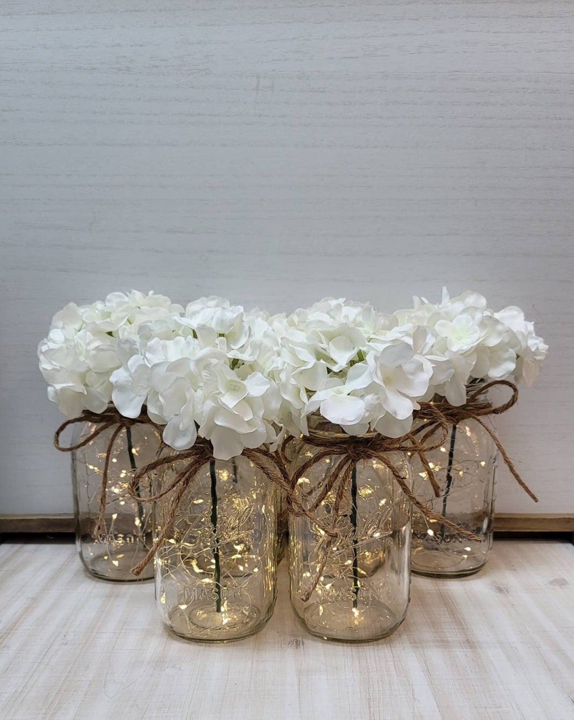 Set of 6 Premium White Hydrangea Lighted Mason Jar Event Centerpieces ...