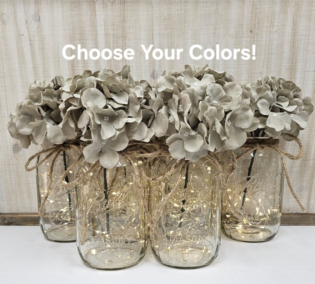 Gray Hydrangea Lighted Mason Jar Event Centerpieces, Wedding Decor ...