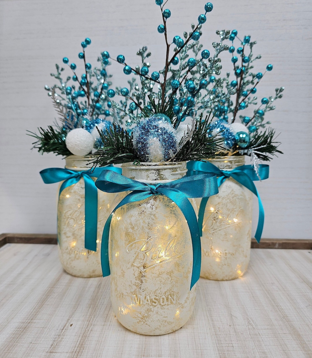 Blue and Silver Christmas Mason Jar With Fairy Lights, Holiday Table ...