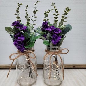 Violet Mini Rose Lighted Mason Jar Centerpiece, Wedding Centerpiece ...